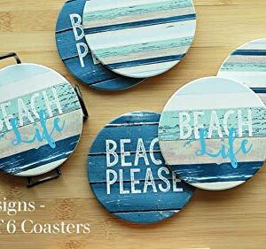 PANCHH Beach Coastal & Ocean Sea Tropical Theme Coasters for Drinks, Kitchen Decor and Gifts for Beach House and Home Beach Bars - Coasters for Wooden Table - Set of 6 with Holder, Absorbent