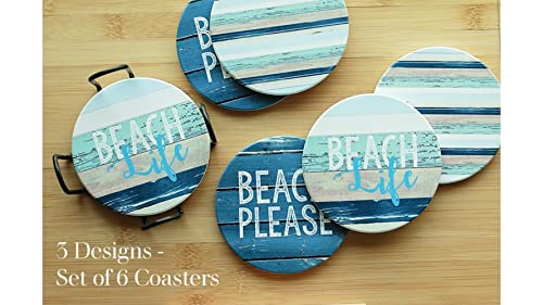 PANCHH Beach Coastal & Ocean Sea Tropical Theme Coasters for Drinks, Kitchen Decor and Gifts for Beach House and Home Beach Bars - Coasters for Wooden Table - Set of 6 with Holder, Absorbent