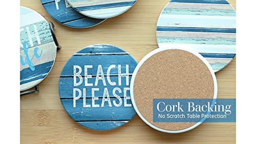 PANCHH Beach Coastal & Ocean Sea Tropical Theme Coasters for Drinks, Kitchen Decor and Gifts for Beach House and Home Beach Bars - Coasters for Wooden Table - Set of 6 with Holder, Absorbent