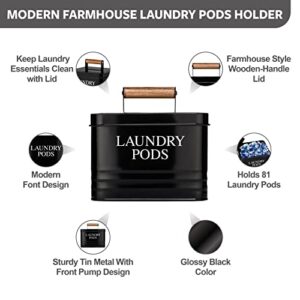 Calindiana Modern Farmhouse Metal Laundry Pods Holder Container with Lid for Laundry Room Decor and Accessories and Space Saving Organization and Storage, Holds 81 Laundry Pods, Black