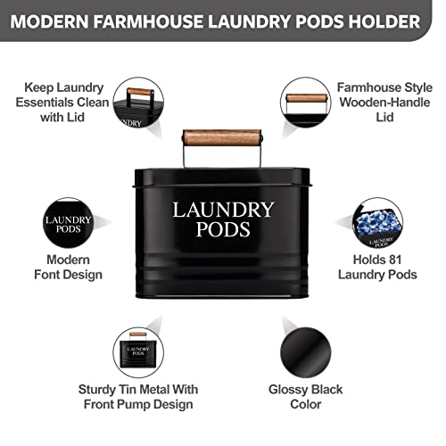 Calindiana Modern Farmhouse Metal Laundry Pods Holder Container with Lid for Laundry Room Decor and Accessories and Space Saving Organization and Storage, Holds 81 Laundry Pods, Black