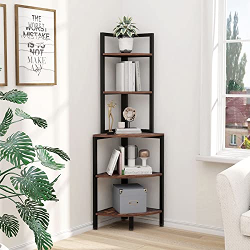 Bigbiglife Corner Shelf Stand, Corner Bookshelf for Storage and Display, Industrial Corner Ladder Shelf, Rustic Brown