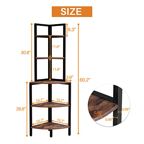 Bigbiglife Corner Shelf Stand, Corner Bookshelf for Storage and Display, Industrial Corner Ladder Shelf, Rustic Brown