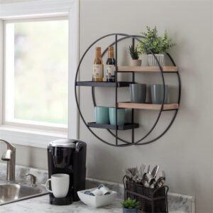 Linon Kenson Round Metal and Wood Four Shelf Wall Storage in Black