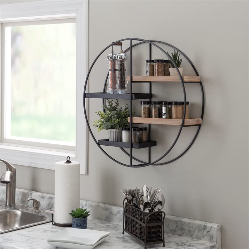 Linon Kenson Round Metal and Wood Four Shelf Wall Storage in Black