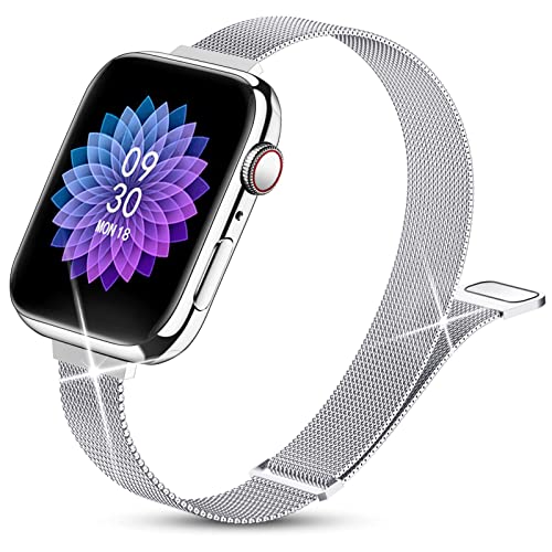 ZXCASD Metal Bands Compatible with Apple Watch Band 38mm 40mm 41mm for Women,Slim Stainless Steel Loop Magnetic Clasp Strap for iWatch Series 8 7 6 5 4 3 2 1 SE（38mm 40mm 41mm,Silver