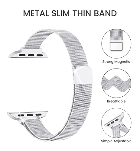 ZXCASD Metal Bands Compatible with Apple Watch Band 38mm 40mm 41mm for Women,Slim Stainless Steel Loop Magnetic Clasp Strap for iWatch Series 8 7 6 5 4 3 2 1 SE（38mm 40mm 41mm,Silver