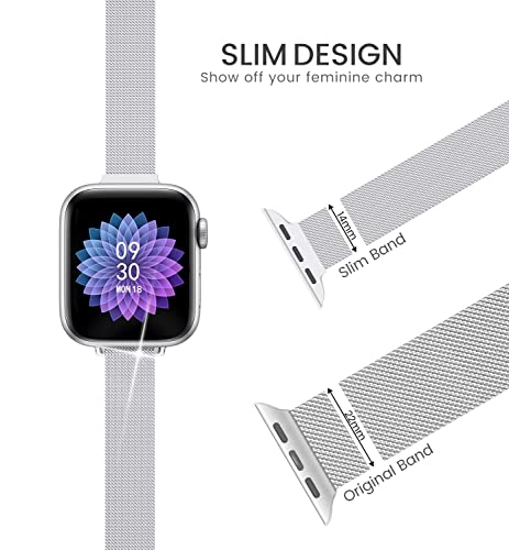 ZXCASD Metal Bands Compatible with Apple Watch Band 38mm 40mm 41mm for Women,Slim Stainless Steel Loop Magnetic Clasp Strap for iWatch Series 8 7 6 5 4 3 2 1 SE（38mm 40mm 41mm,Silver