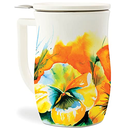 Tea Forte Fiore Ceramic Tea Mug with Infuser and Lid, Wild Poppy, 14 oz. Ceramic Cup with Handle for Steeping Loose Leaf Tea, Dishwasher & Microwave Safe