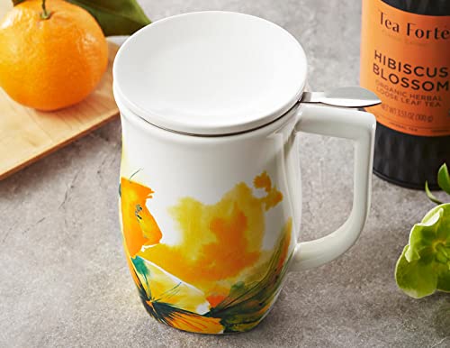 Tea Forte Fiore Ceramic Tea Mug with Infuser and Lid, Wild Poppy, 14 oz. Ceramic Cup with Handle for Steeping Loose Leaf Tea, Dishwasher & Microwave Safe