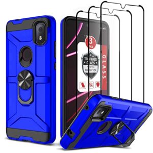 t-mobile tcl revvl 4 case, with 3 pcs tempered glass screen protector, built-in ring kickstand and magnetic car mount shockproof dropproof defend armor rugged case for t-mobile revvl 4 - blue