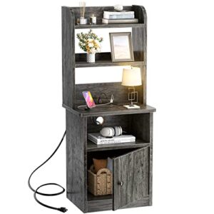 nightstand with charging station and usb ports, 47" tall bedside table with adjustable bookshelf, industrial end table side table with storage cabinet for home office, grey