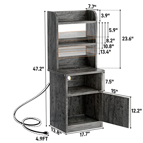 Nightstand with Charging Station and USB Ports, 47" Tall Bedside Table with Adjustable Bookshelf, Industrial End Table Side Table with Storage Cabinet for Home Office, Grey