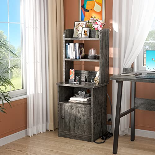 Nightstand with Charging Station and USB Ports, 47" Tall Bedside Table with Adjustable Bookshelf, Industrial End Table Side Table with Storage Cabinet for Home Office, Grey