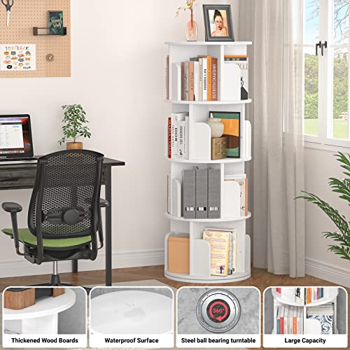 Aheaplus Rotating Bookshelf, Small Corner Bookshelf for Small Space, 360 Display 4 Tier Floor Standing Bookcase Storage Rack, Wood Narrow Book Shelf Organizer for Bedroom, Living Room, White