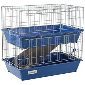 pawhut 2-tier guinea pig cage, ferret cage, chinchilla cage, small animal cage indoor with dish and bottle, 2 doors, deep bottoms, ramp, 28", blue