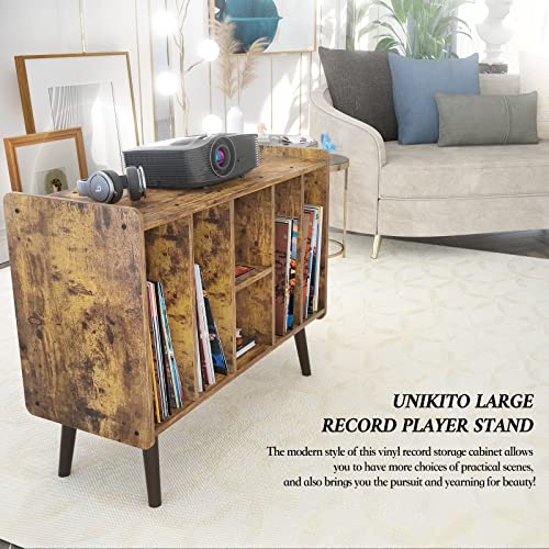 Unikito Large Record Player Stand, Vinyl Record Storage Table with Power Outlet Holds Up to 200 Albums, Turntable Stand with Wood Legs, Vinyl Holder Display Shelf for Bedroom Living Room, Rustic Brown