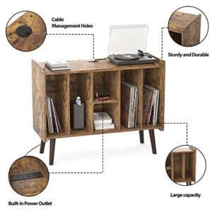 Unikito Large Record Player Stand, Vinyl Record Storage Table with Power Outlet Holds Up to 200 Albums, Turntable Stand with Wood Legs, Vinyl Holder Display Shelf for Bedroom Living Room, Rustic Brown