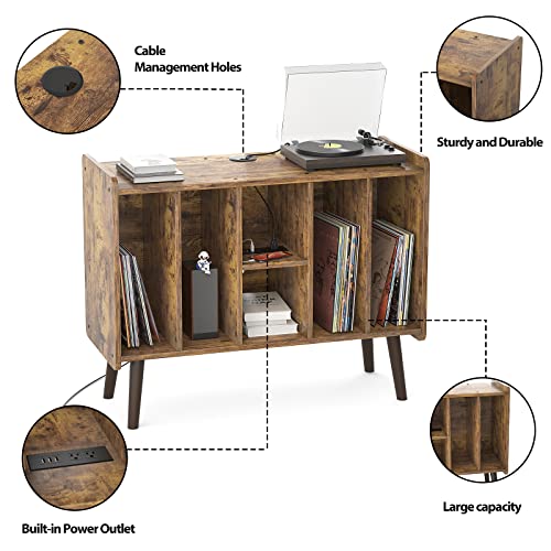 Unikito Large Record Player Stand, Vinyl Record Storage Table with Power Outlet Holds Up to 200 Albums, Turntable Stand with Wood Legs, Vinyl Holder Display Shelf for Bedroom Living Room, Rustic Brown