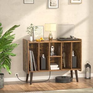 Unikito Large Record Player Stand, Vinyl Record Storage Table with Power Outlet Holds Up to 200 Albums, Turntable Stand with Wood Legs, Vinyl Holder Display Shelf for Bedroom Living Room, Rustic Brown