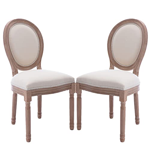 KCC French Dining Chairs Set of 2, Upholstered Vintage Farmhouse Chair with Round Backrest, Mid Century Fabric Chair with Solid rubberwood Leg for Dining Room Bedroom Kitchen Restaurant, Beige