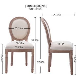 KCC French Dining Chairs Set of 2, Upholstered Vintage Farmhouse Chair with Round Backrest, Mid Century Fabric Chair with Solid rubberwood Leg for Dining Room Bedroom Kitchen Restaurant, Beige