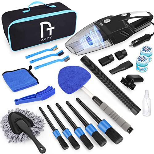 ACTY 17Pcs Car Interior Detailing Kit, Cleaning Kit with High Power Handheld Vacuum, Brush Set, Windshield Tool, Gel, Microfiber Towels, Complete Care, Blue