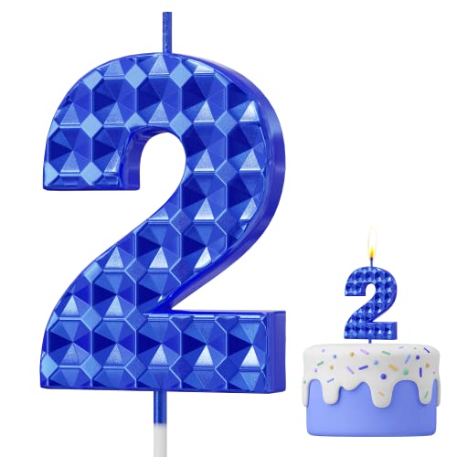 2 Birthday Candle - Number 2 Candle - CANKOO Blue Diamond Birthday Cake Candles for Boys Girls Kids Adults - Big Number 12 20 21 22 23 24 25 26 27 28 29