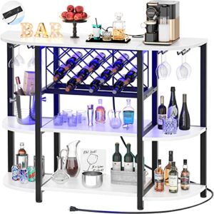 unikito bar table cabinet with charging station,wine rack table with led light, wine bar cabinet with storage, freestanding floor bar cabinet for liquor and glasses for home kitchen dining room, white