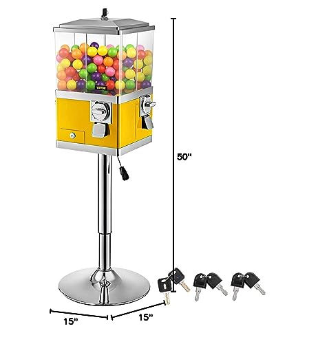 VEVOR Gumball Machine with Stand, Yellow Quarter Candy Dispenser, Rotatable Four Compartments Square Candy Vending Machine, PC & Iron Large Gumball Bank Adjustable Dispenser Wheels for 1" Gumballs