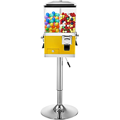 VEVOR Gumball Machine with Stand, Yellow Quarter Candy Dispenser, Rotatable Four Compartments Square Candy Vending Machine, PC & Iron Large Gumball Bank Adjustable Dispenser Wheels for 1" Gumballs