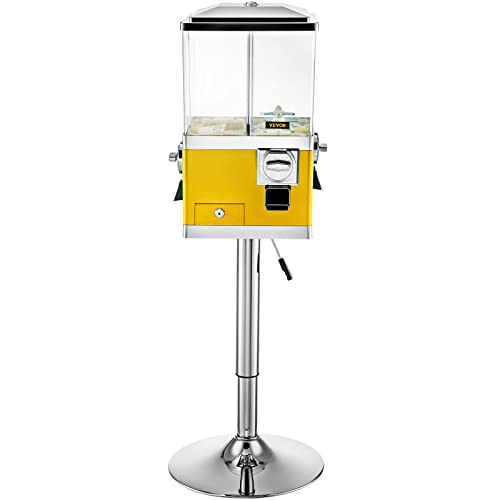 VEVOR Gumball Machine with Stand, Yellow Quarter Candy Dispenser, Rotatable Four Compartments Square Candy Vending Machine, PC & Iron Large Gumball Bank Adjustable Dispenser Wheels for 1" Gumballs