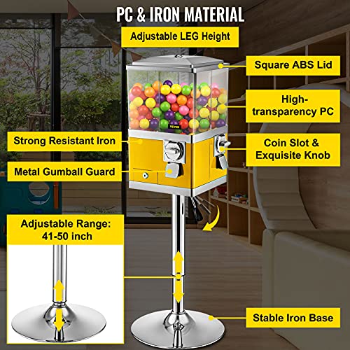 VEVOR Gumball Machine with Stand, Yellow Quarter Candy Dispenser, Rotatable Four Compartments Square Candy Vending Machine, PC & Iron Large Gumball Bank Adjustable Dispenser Wheels for 1" Gumballs