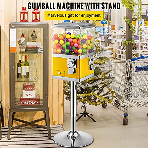 VEVOR Gumball Machine with Stand, Yellow Quarter Candy Dispenser, Rotatable Four Compartments Square Candy Vending Machine, PC & Iron Large Gumball Bank Adjustable Dispenser Wheels for 1" Gumballs