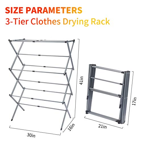 Vivianrack 3-Tier Clothes Drying Rack for Laundry, Folding Clothes Drying Rack Indoor Metal Steel Clothing Drying Dryer, Accordion Design Laundry Rack，Towel Rack(Silver Gray)