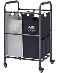 tajsoon 2 bag laundry sorter cart, laundry hamper sorter basket with heavy duty lockable rolling wheels for clothes storage, black & grey