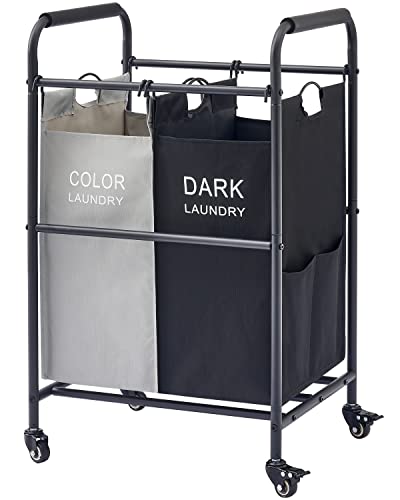 Tajsoon 2 Bag Laundry Sorter Cart, Laundry Hamper Sorter Basket with Heavy Duty Lockable Rolling Wheels for Clothes Storage, Black & Grey