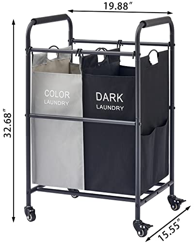 Tajsoon 2 Bag Laundry Sorter Cart, Laundry Hamper Sorter Basket with Heavy Duty Lockable Rolling Wheels for Clothes Storage, Black & Grey