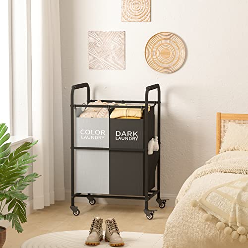 Tajsoon 2 Bag Laundry Sorter Cart, Laundry Hamper Sorter Basket with Heavy Duty Lockable Rolling Wheels for Clothes Storage, Black & Grey