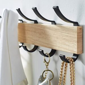 KooNiosio Solid Wood Wall Hanging Coat Rack, Entrance Hanger, Metal Wood Coat Hanger with 5 Black Aluminum Hooks for Coat, Scarf, Bag, Towel, Key, Coat, Umbrella, Hat, Oak (Black)