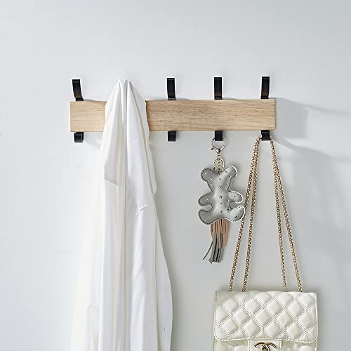 KooNiosio Solid Wood Wall Hanging Coat Rack, Entrance Hanger, Metal Wood Coat Hanger with 5 Black Aluminum Hooks for Coat, Scarf, Bag, Towel, Key, Coat, Umbrella, Hat, Oak (Black)