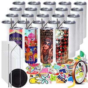 24 pack 20 oz sublimation tumblers bulk kit, stainless steel blank straight skinny travel tumbler set with lid, rubber base, straw brush, diy sticker, shrink wrap for heat transfer press