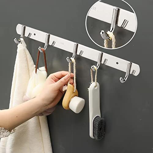 COCIVIVRE Coat Rack Wall Mounted No Drill 5 Hanging Hook Heavy Duty 304 Stainless Steel Hook Rack Brushed Finish Waterproof for Bedroom, Bathroom,Entryway Storage Set of 2 (15in)