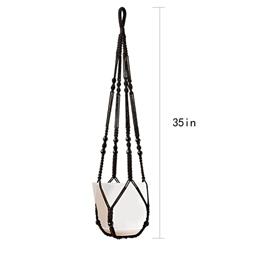 Macrame Plant Hanger Indoor Hanging with Wood Beads Macrame Planters No Tassel for Indoor Outdoor Boho Home Decor 35 Inch (Black,1pc)