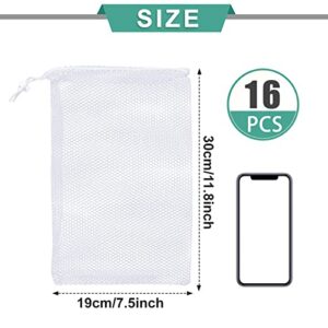 Zsxdc 16 Pieces White Mesh Bags Drawstring Laundry Bags,11.8 x 7.5 Inch Nylon Mesh Bags Dishwasher Bag with Cord Lock Closure for Home Kitchen Supplies Seashell Collecting,Mesh Bags and Travel