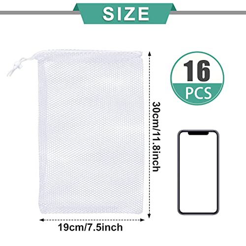 Zsxdc 16 Pieces White Mesh Bags Drawstring Laundry Bags,11.8 x 7.5 Inch Nylon Mesh Bags Dishwasher Bag with Cord Lock Closure for Home Kitchen Supplies Seashell Collecting,Mesh Bags and Travel