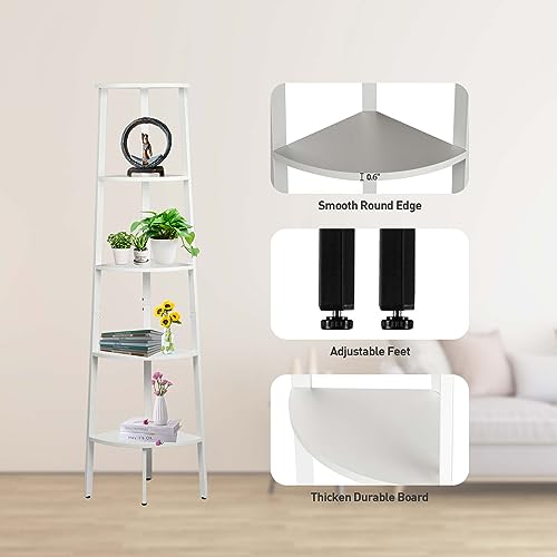 BIGTREE 5-Tier Corner Ladder Shelf Shelving Unit 62.32” Tall Corner Bookcase Storage Display Organizer Storage Stand Multipurpose Bookshelf and Plant Stand for Home Office(White)