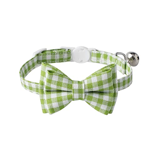 AIITLE Breakaway Cat Collar with Cute Bow Tie and Bell, Detachable Adjustable Safety Collars for Girl Cats and Boy Cats, Kittens, Puppy, Soft Stylish Plaid Patterns Cat Collars,Green