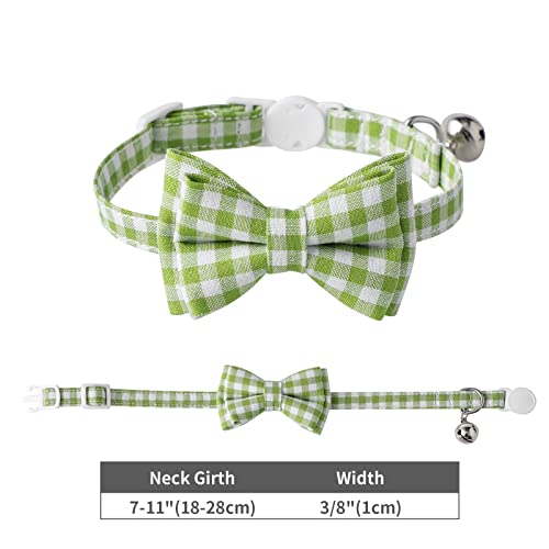 AIITLE Breakaway Cat Collar with Cute Bow Tie and Bell, Detachable Adjustable Safety Collars for Girl Cats and Boy Cats, Kittens, Puppy, Soft Stylish Plaid Patterns Cat Collars,Green