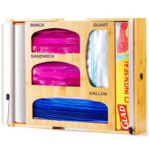 bamboo 6 in 1 foil and plastic wrap organizer, ziplock bag organizer/holder wrap dispenser with slide cutter, for kitchen drawer or house wall use, for gallon,quart,sandwich bag etc.